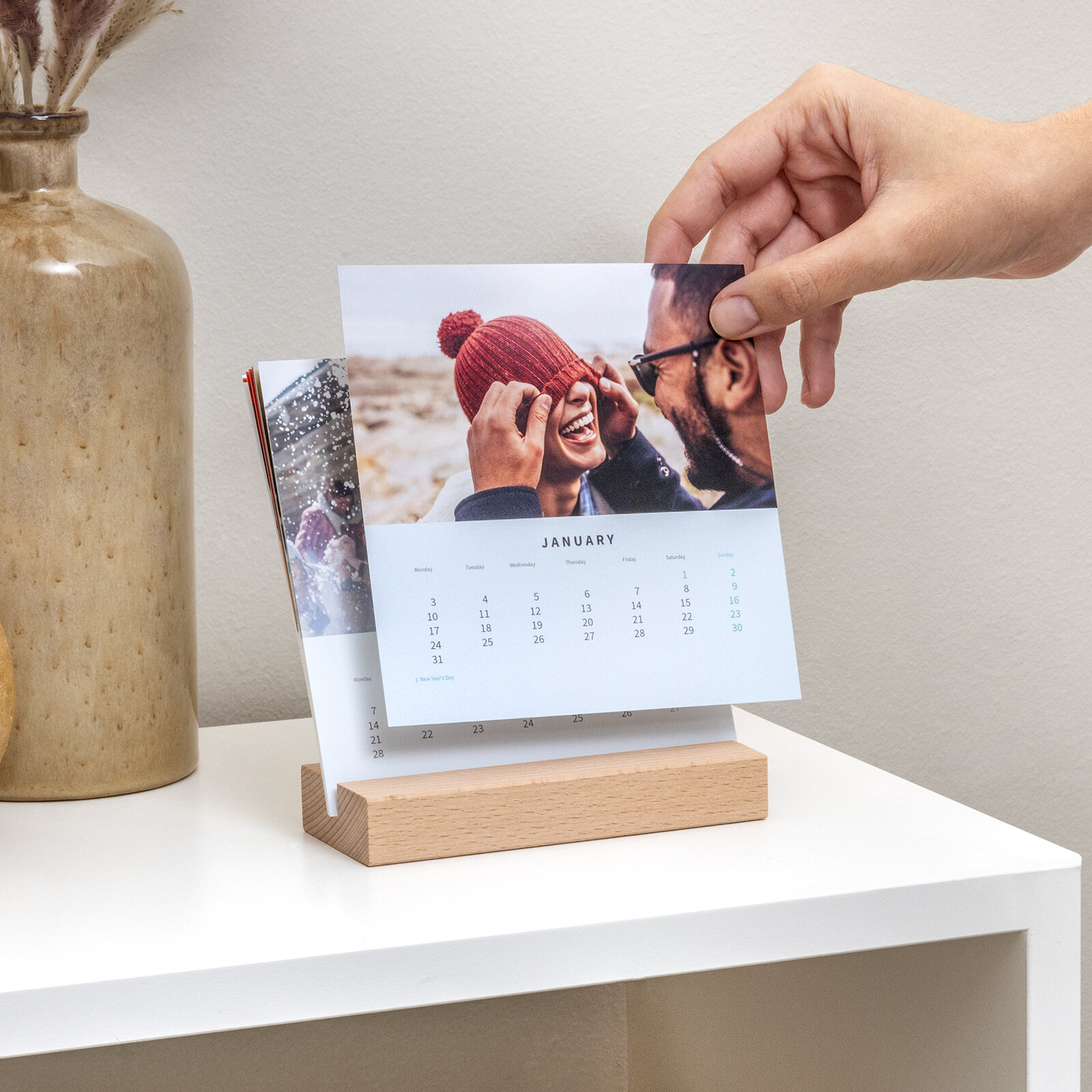 Calendrier de bureau photo personnalisé avec support en bois